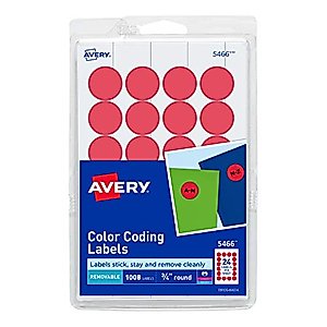 Avery Print/Write Self-Adhesive Removable Labels, 0.75 Inch Diameter, Red, 1008 per Pack (5466)