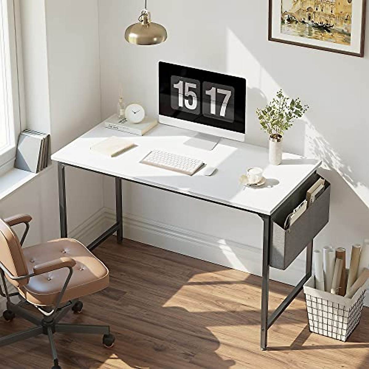 CubiCubi Computer Desk 63" Study Writing Table for Home Office, Modern Simple Style PC Desk, Black Metal Frame, White