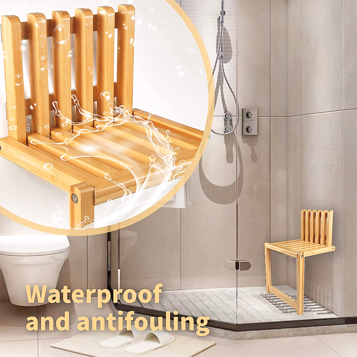 DOORTIAN Wall Mounted Folding Chair Solid Bamboo Porch Chair Door Shoe Cabinet Hidden Footstool Folding Bathroom Balcony Living Stool