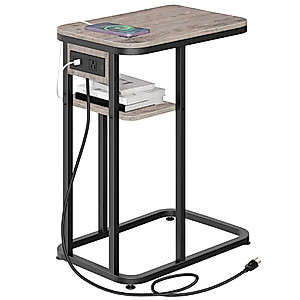 CHOEZON C-Shaped Side Table, Small End Table with Charging Station, Sofa Side Table for Couch with Outlet and USB Ports, for Small Spaces, for Bedroom, Living Room, Greige and Black TSF02UBH