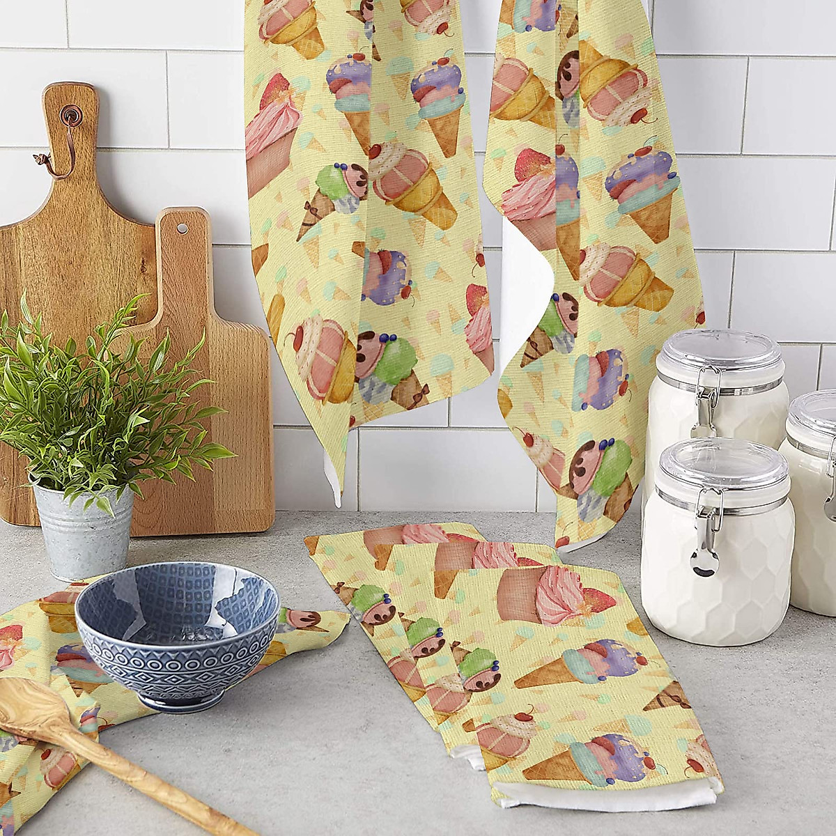 Microfiber Kitchen Towels Cute Ice Cream Super Absorbent Dish Towels for Kitchen/Bathroom Decorative and Bar Towels Soft Resuable Dish Towels Cloths Washable Fast Drying Tropcial Summer Theme