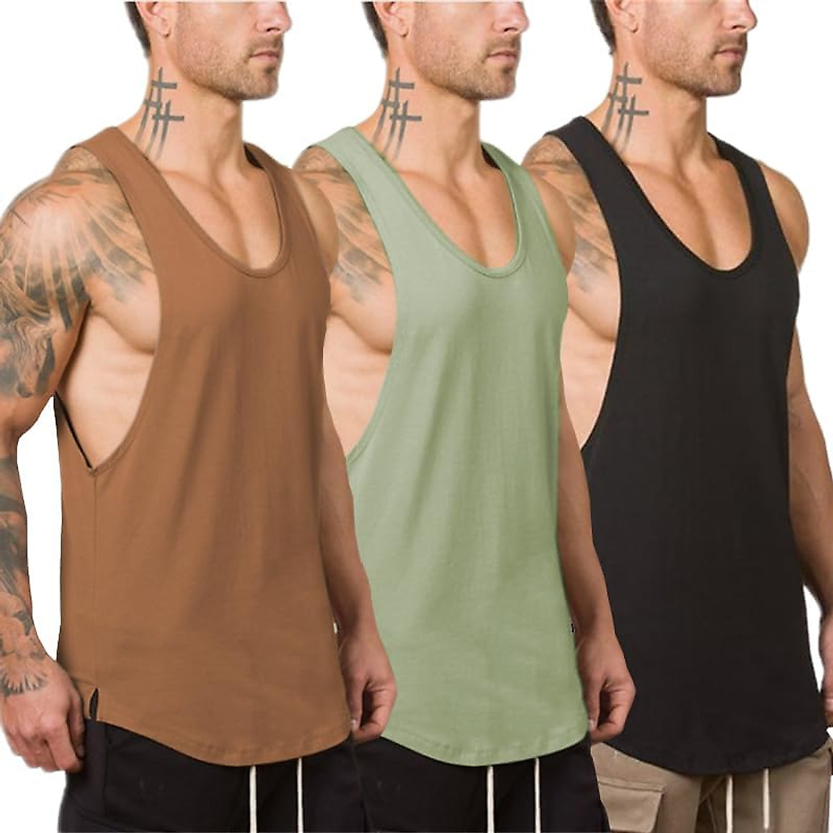 Muscle Killer 3 Pack Men's Muscle Gym Workout Stringer Tank Tops Bodybuilding Fitness T-Shirts (Black+Gray Green+ALOT,Medium)