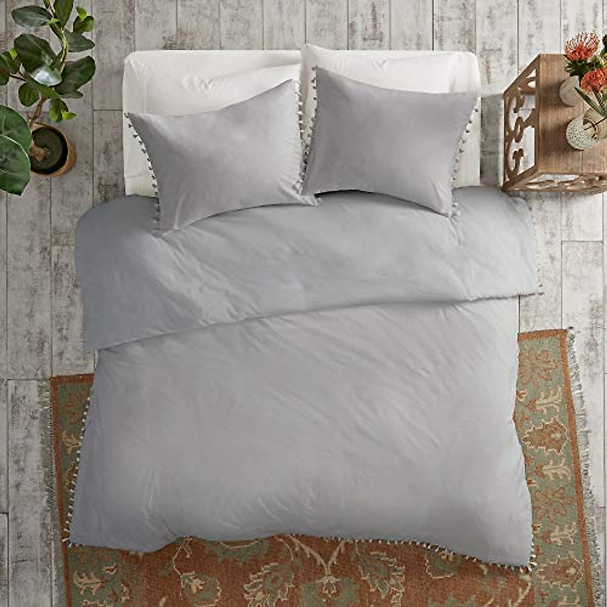 Madison Park Lillian 100% Cotton Duvet, Bohemian Fringe Tassel Trim Border Shabby Chic All Season Comforter Cover Bed Set with Matching Shams, King/Cal King(104"x92"), Grey 3 Piece