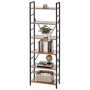 mDesign Industrial Metal/Wood 6 Tier Bookshelf, Tall Modern Etagere Bookcase Shelving Furniture Unit for Books, Plants, Pictures, Rustic Storage for Bedroom, Living Room, or Office, Black/Gray Wash