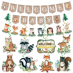 NO-DIY Woodland Baby Shower Decorations, Woodland Animals Baby Shower Decorations Banner Swirls, Woodland Theme Baby Shower Decorations for Girls Boys Woodland Creatures Baby Shower Birthday Party