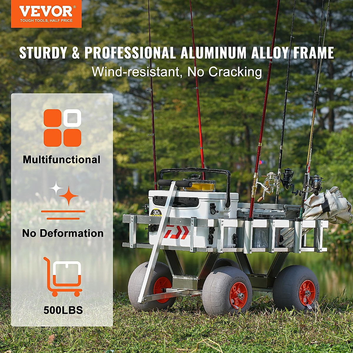 VEVOR Beach Fishing Cart, 400lbs Load Capacity, Fish and Marine Cart with Four 13" Big Wheels PU Balloon Tires for Sand, Heavy-Duty Aluminum Pier Wagon Trolley with 6 Rod Holders for Fishing, Picnic