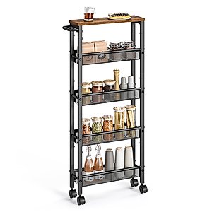 VASAGLE Slim Rolling Cart, 5-Tier Storage Cart, Narrow Cart with Handle, 5.1 Inches Deep, Metal Frame, for Kitchen, Dining Room, Living Room, Home Office, Rustic Brown and Classic Black ULRC034B01