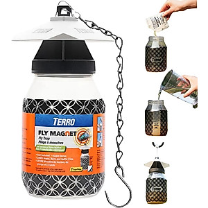 2 Pack of TERRO Fly Magnet, Reusable Fly Trap - Includes Two Fly Magnet Devices with 2 Bait Traps, 1 Pack of Refill with 2 Baits, and Two Heavy Duty 9.5 in Supply Hanging Chain