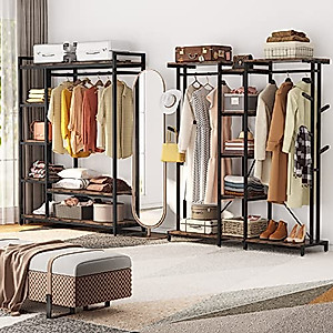 Tribesigns Extra Large Closet Organizer with Hooks, Free-Standing Closet Clothes Rack with Shelves and Hanging Rod, Heavy Duty Industrial Clothing Shelf Closet Storage System for Bedroom (rustic)