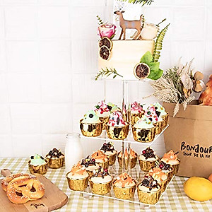YestBuy 3 Tier Cupcake Stand with Base, Cake Stand, Acrylic Cupcake Tower Stand, Premium Cupcake Holder for 28 Cupcakes, Display for Pastry Wedding Birthday Party (4" Between 2 Layers)