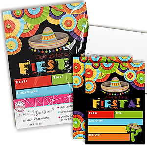 Fiesta Mexican Themed Party Invitations for Birthday Celebration, Retirement, or Cinco De Mayo, 20 5x7 Fill In Cards with Twenty White Envelopes by AmandaCreation