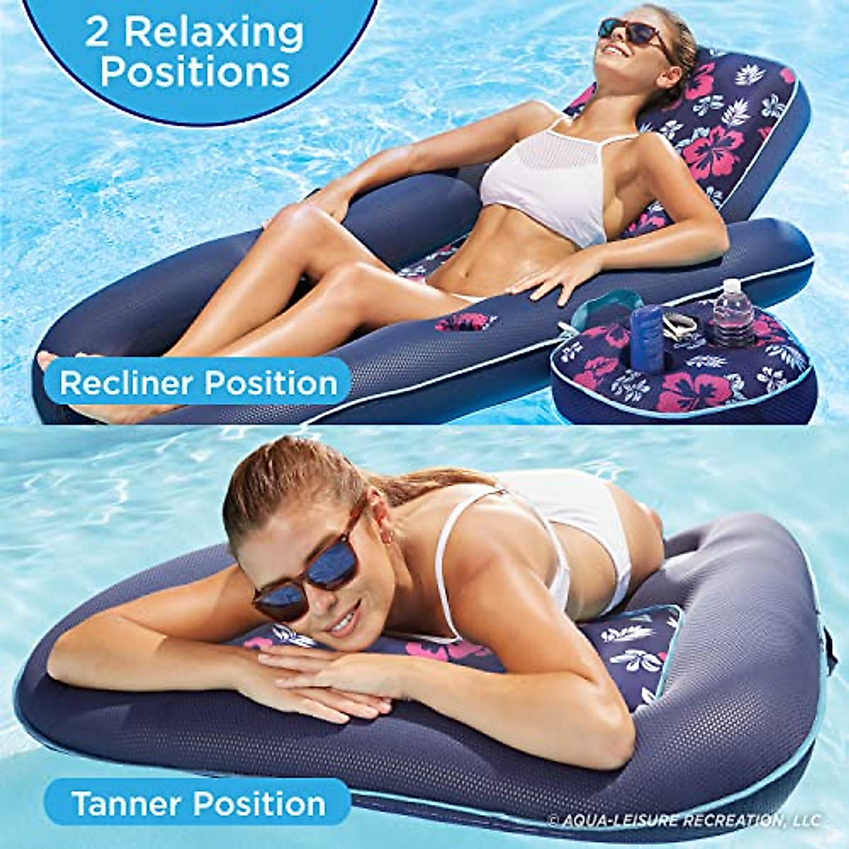 Aqua Campania Ultimate 2-in-1 Pool Float Lounge – Extra Large – Inflatable Pool Floats for Adults with Adjustable Backrest & Cupholder Caddy – Navy Hibiscus