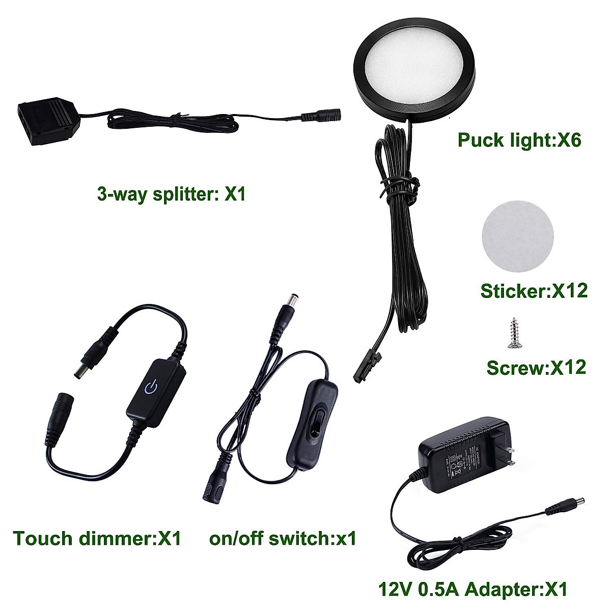 AIBOO Under Cabinet LED Black Cover Puck Lighting Kit with Touch Dimmer Switch for Kitchen Cupboard Closet Lighting (6 Lights,Warm White)