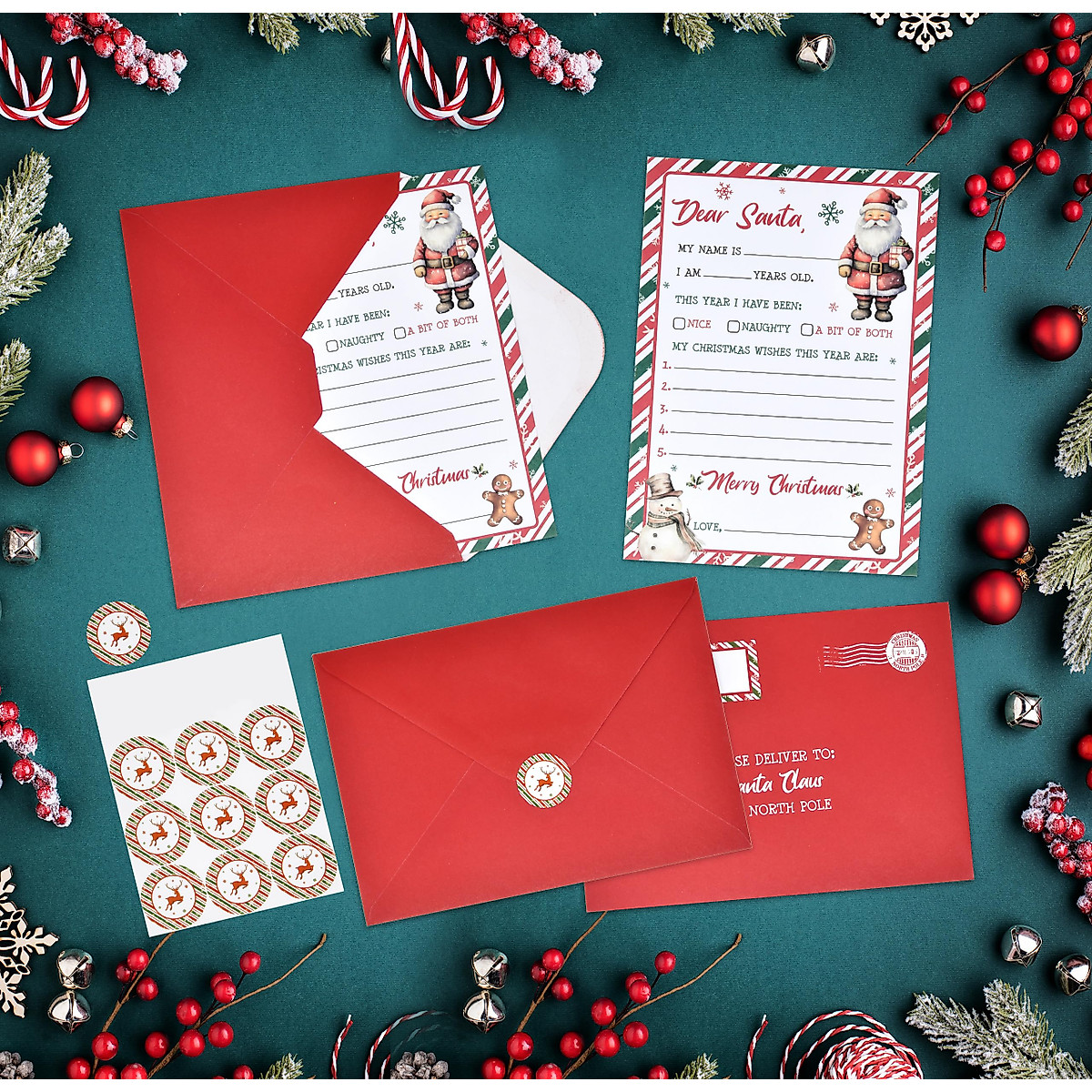 12 Christmas Official Letter To Santa Writing Kit Stationary Paper Sheets with Red Envelopes Address & Seal Stickers Holiday Family Tradition Nice & Naughty Wish List