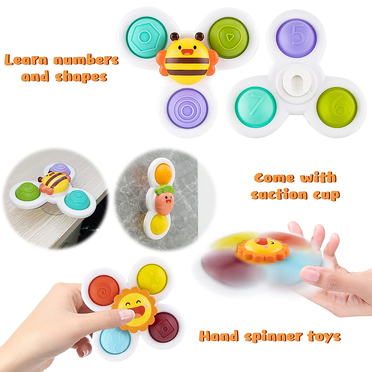 FPVERA Suction Cup Spinner Toys - Baby Bath Toys with Suction Cup Silicone Flipping Board, Baby Sensory Spinner Toy Release Stress and Anxiety Kids Travel Toys Gifts for Toddler Boy Girl, 4PCS