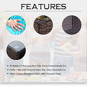 Polar Aurora 3PCS Patio Bar Set with Stools and Glass Top Table Patio Wicker Outdoor Furniture with Blue Removable Cushions for Backyards, Porches, Gardens or Poolside