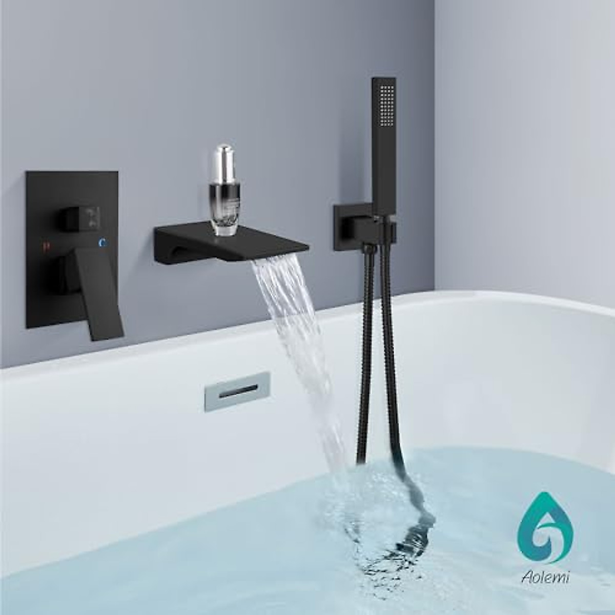 Aolemi Wall Mount Bathtub Faucet Wall Tub Filler Wall Mounted Tub Faucet 3.9" Waterfall Spout with Single Handle Metal Handheld Solid Brass Rough-in Valve,Matte Black