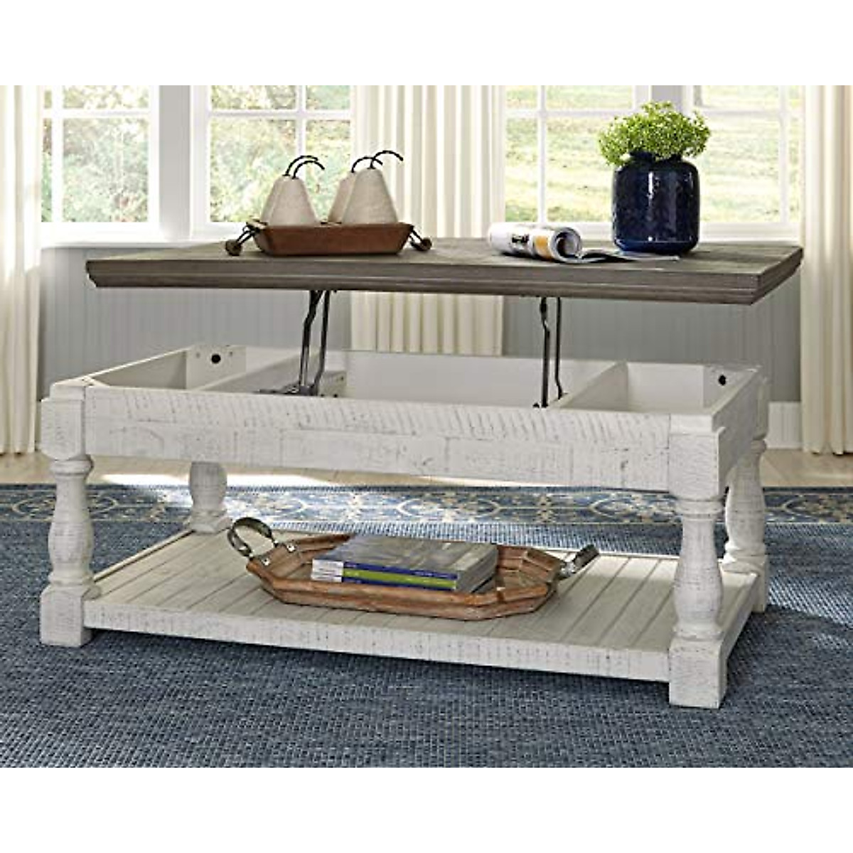 Signature Design by Ashley Havalance Farmhouse Lift Top Coffee Table with Fixed Shelf and 2 Hidden Storage Trays, Gray & White with Weathered Finish