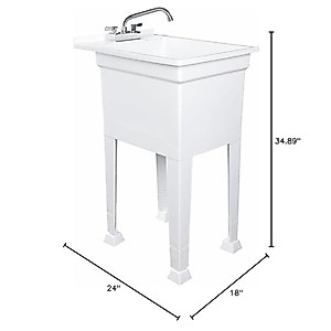 UTILITYSINKS 18 Inch Plastic Freestanding Utility Tub Sink with Heavy Duty Stainless Steel Swing Faucet for Garage, Laundry Room, and Garden, White