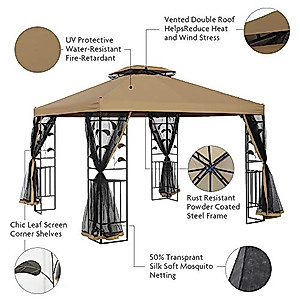 SUNA OUTDOOR 10x13 Ft Outdoor Gazebo Steel Frame Two-Tiered Top Canopy, Leaf Screen Decor Gazebo with Adjustable Netting for Garden Backyard, Beige