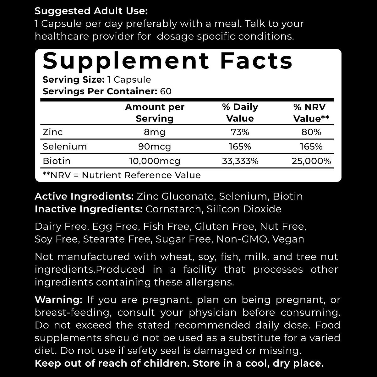 VWS Biotin 10,000 mcg Dietary Supplement w/Zinc & Selenium to Promote Thicker Hair Growth, Stronger Nails & Healthy Skin for Women and Men, 60 Vegan Capsules