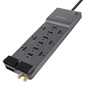 Belkin BE108230-06 8-Outlet Power Strip Surge Protector w/Flat Plug, 6ft Cord (3,550 Joules),Black & 12-Outlet Power Strip Surge Protector w/ 8ft Cord (3,940 Joules), Gray