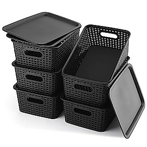 RAXMETRY Plastic Storage Baskets with Lids Pantry Organization and Storage Bins Lidded Container Organizers for Shelves Desktop Drawer Closet Bedroom, Black