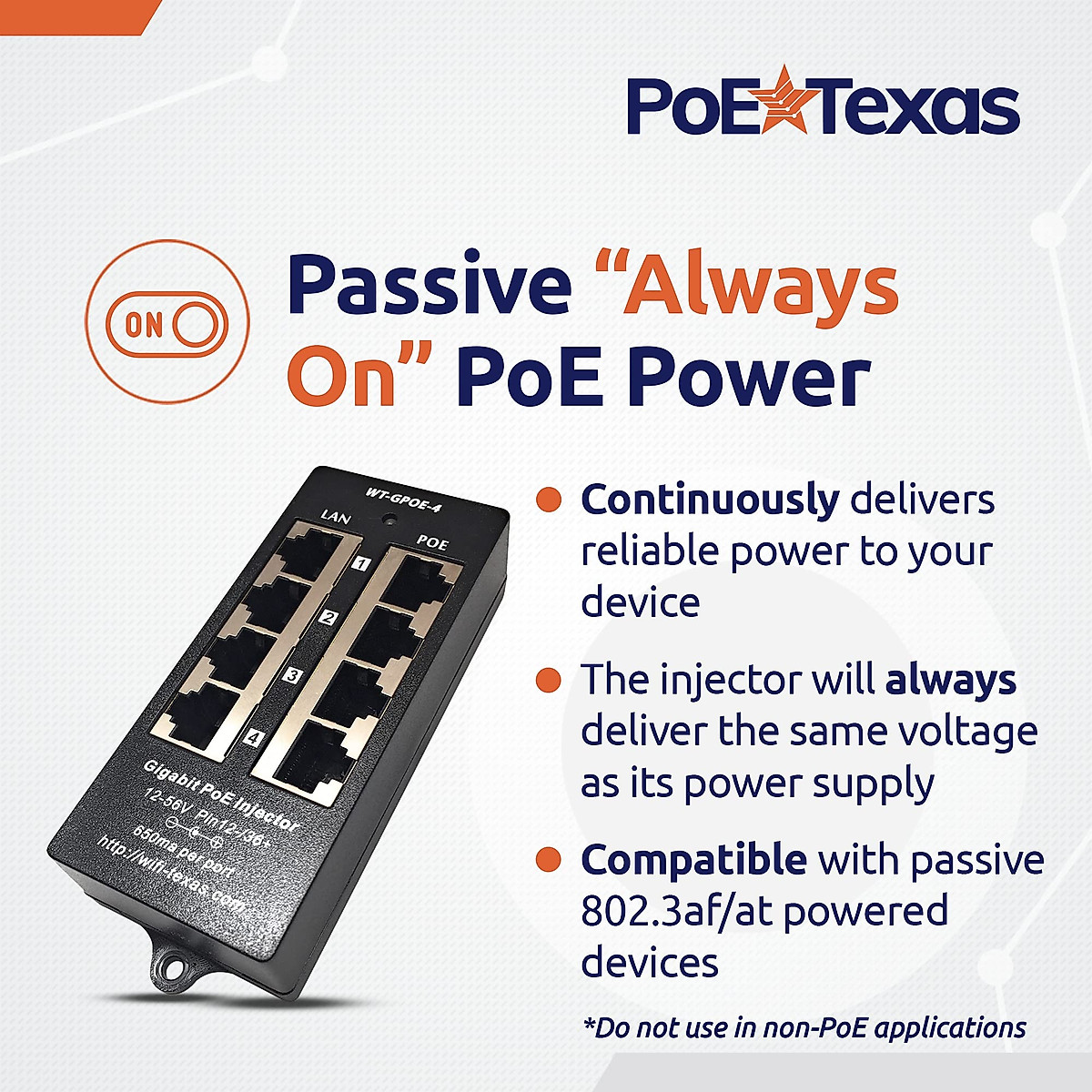 PoE Texas 4 Port PoE Injector - Gigabit Passive Power Over Ethernet and PoE Texas 48v Power Supply - 48 Volt 60 Watt AC to DC Power Supply