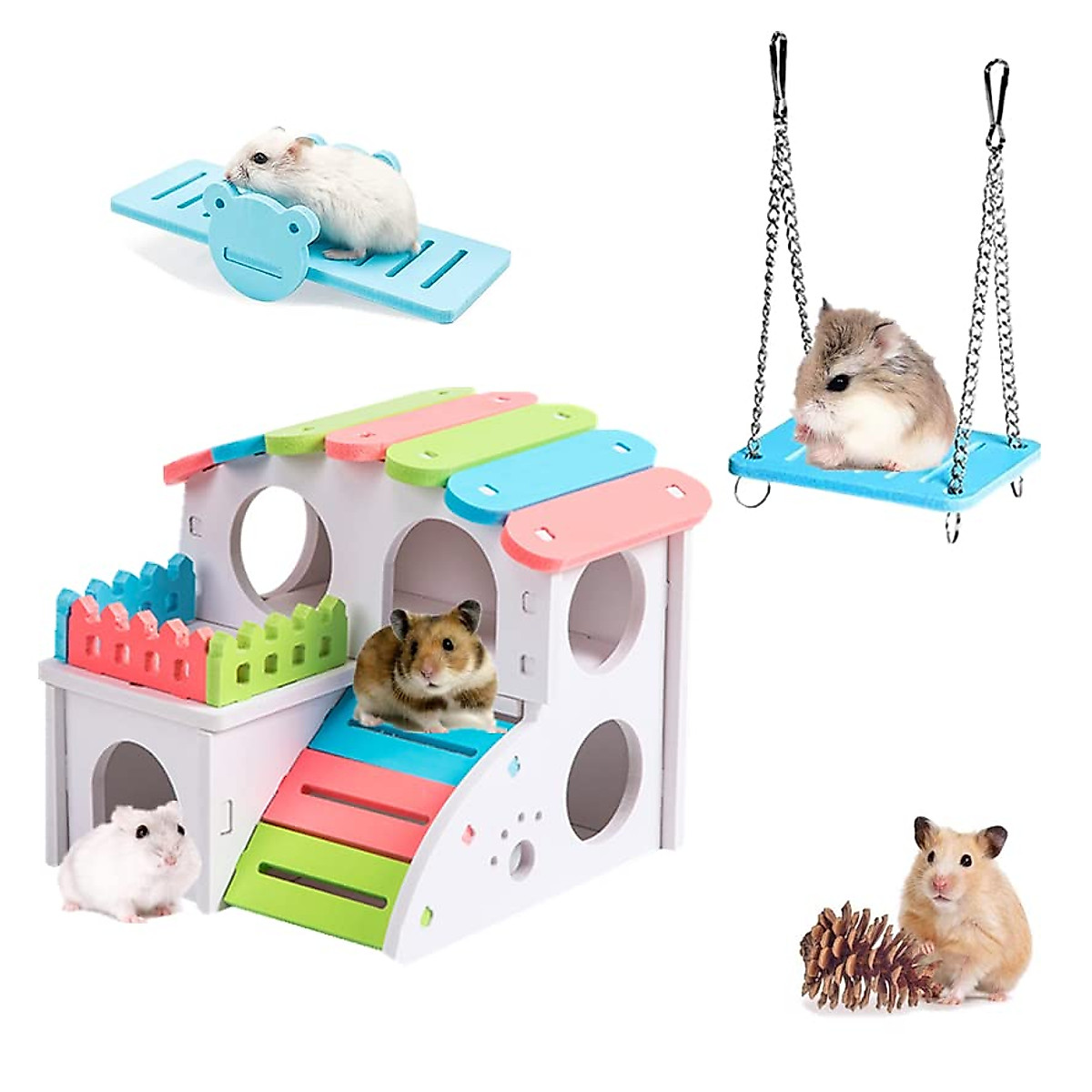 Magnoloran 4 Pack Hamster Toys Set Wooden Hamster House Guinea Pig Hideout Pet Sport Exercise Toys Hamster Cage Accessories Including Hamster Villa, Swing, Seesaw, Ladder for Gerbil Hamster Hedgehog