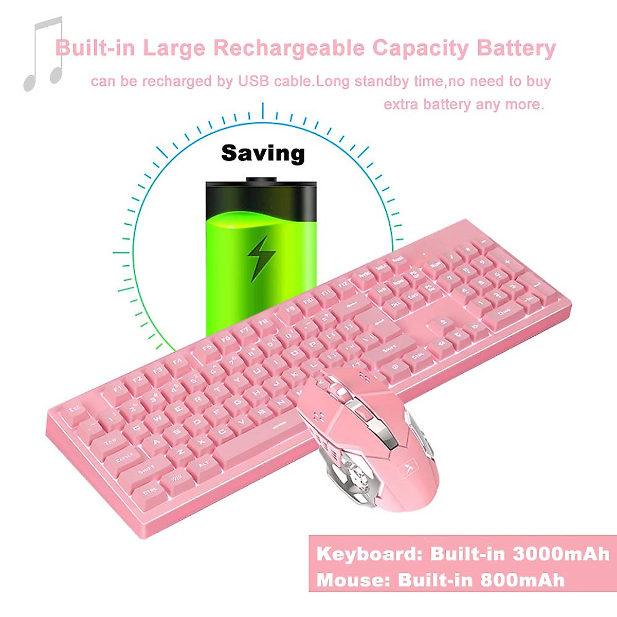 Rechargeable Keyboard and Mouse,Soke-Six 2.4G Wireless Mechanical Feel Backlit Gaming Keyboard Mice Combo Home Office Gamer Design Use for Laptop Pc Mac (Pink)