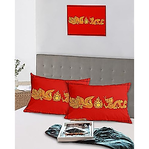 Edwiinsa Oriental Dragon Pillow Covers King Standard Set of 2 Bed Pillow, Plush Soft Comfort for Hair/Skin Cooling Pillowcases with Envelop Closure 20x36 Inches Traditional Chinese Happy New Year Red