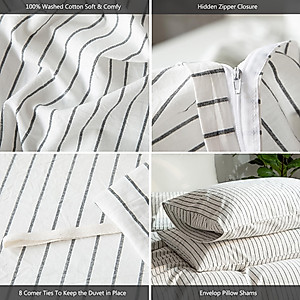 MooMee Striped Duvet Cover Set 100% Washed Cotton Linen Like Textured Breathable Durable Soft Comfy (White Dark Grey Wide Stripes, Queen)