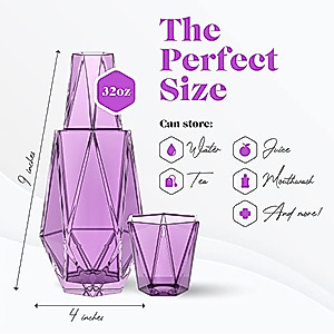 Modern Geometric Bedside Carafe | 2-Piece Set - Bedside Water Carafe | Glass Carafe with Cup that Doubles as Lid | Elegant Pitcher and Matching Drinking Tumbler for Guest Room, Office in Purple (37oz)