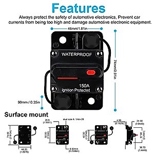 150 AMP Fuse Holders,Audio Circuit Breaker,Reset Fuse Inverter, 12V-48V DC Fuse Holder,Replace Fuses,with Reset Button,for Automotive Marine Boat Audio System Current Overload Protection