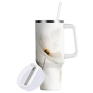 Jihqo Watercolor White Flowers 40 oz Stainless Steel Vacuum Insulated Tumbler with Handle and Straw Lid, Leakproof Water Bottle Double Wall Travel Mug Coffee Cup, Cupholder Friendly