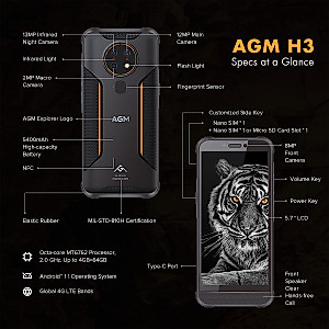 AGM H3 Rugged Smartphone, Rugged Phone Unlocked Android 11 4G LTE, 13MP Infrared Night Quad Camera, IP68/IP69K Waterproof, 5.7" HD+ Screen 4GB+64GB, 5400mAh Battery, 2W Loud Speaker/PTT/GPS/NFC Black