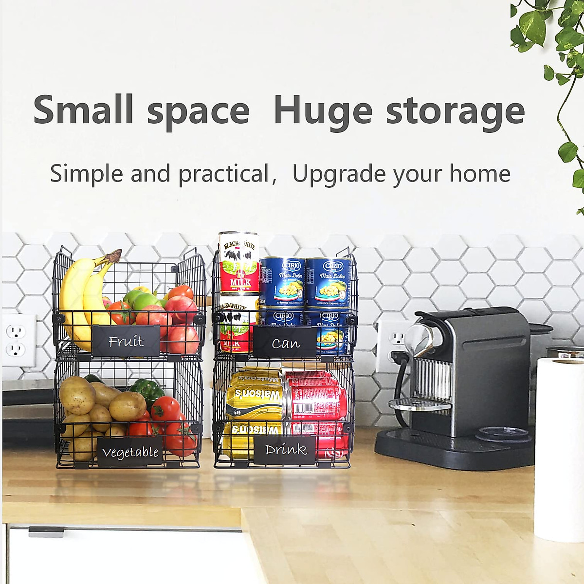 4 PACK Wire Stackable Baskets for Organizing,Fruit Basket for Kitchen,Pantry organizers and storage,12"x10.4"x7.8" Metal Baskets,Vegetable,Fruit,Snack,Onion,Potato,Can,K-Cup Organization,Black