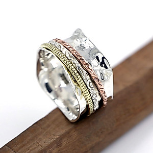 925 Sterling Silver Balance & Beauty Meditation Spinner Ring For Women Brass & Copper Spinners Carved Pattern Base Ring Thumb Ring Worry Ring Anxiety Ring Fidget Ring Anniversary Ring Gift For Birthday (9.25)