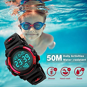 Digital Watch for Girls Ages 4-15, Kids Red Digital Sports Waterproof Outdoor Analog Electronic Watches with Alarm Stopwatch, Children Birthday Presents Gifts Toys for Age 4-12 Year Old Boys Girls