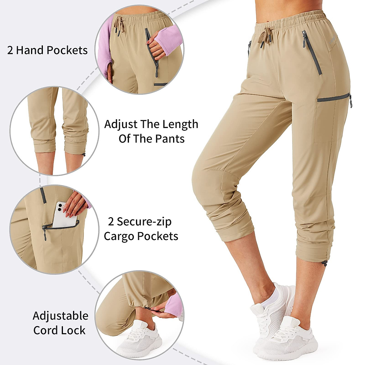 Women's Hiking Cargo Pants Outdoor Lightweight Quick Dry Water Resistant UPF 50+ Capris Pants with Zipper Pockets Khaki M