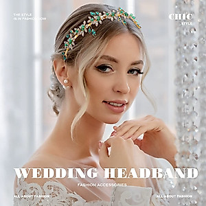 JEAIRTS Green Rhinestone Headband Gold Leaf Wedding Headpiece Bridal Crystal Hair Pieces Beaded Hair Hoop Glitter Bride Hair Accessories for Women and Girls