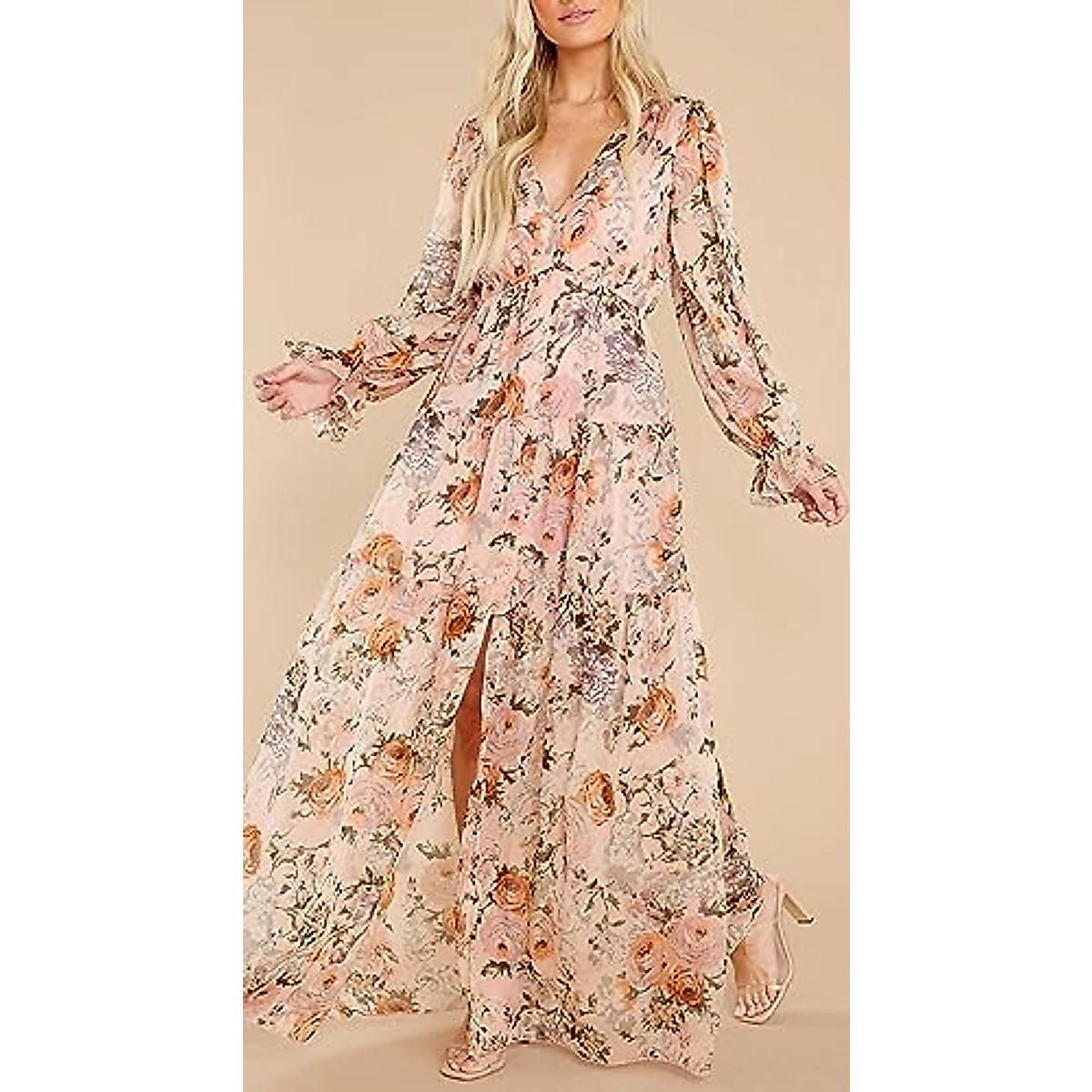 Women's Long Sleeve Floral Maxi Dress V Neck Casual Long Dresses Cocktail Beach Party Maxi Dress Pink