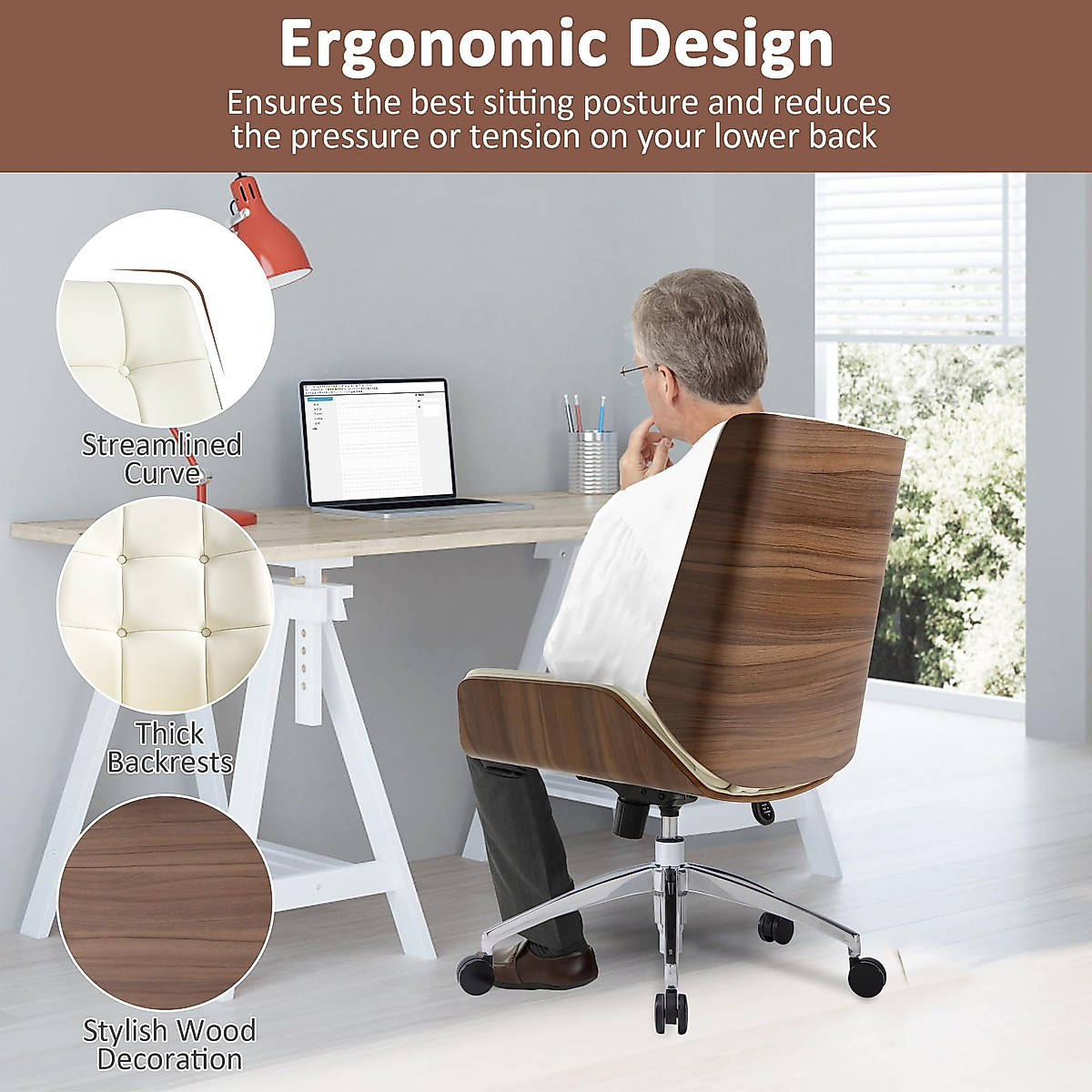 Executive Office Chair, Ergonomic Computer Desk Chair with Adjustable Height and Tilt Function, Solid Wood Arms and Base, 360° Swivel Leather Office Chair for Office Home Work, Creamy White