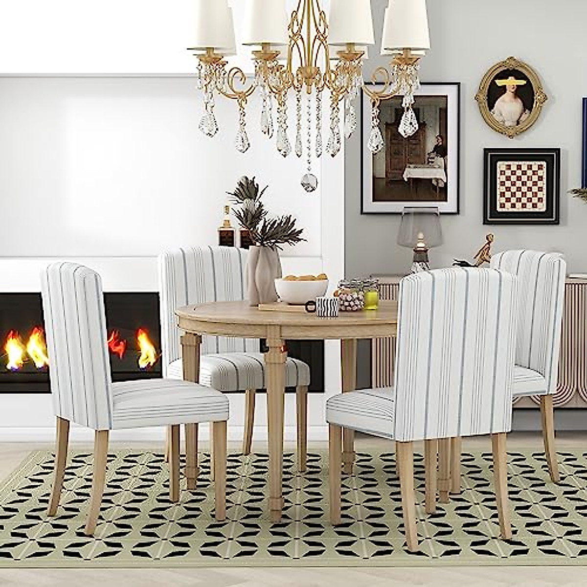 Merax Round Dining Room Table and Chairs Set of 4 Farmhouse Rustic Round Dining Table Set 5 Piece Wood Kitchen Table and 4 Upholstered Chairs with Striped Fabric for Dining Room