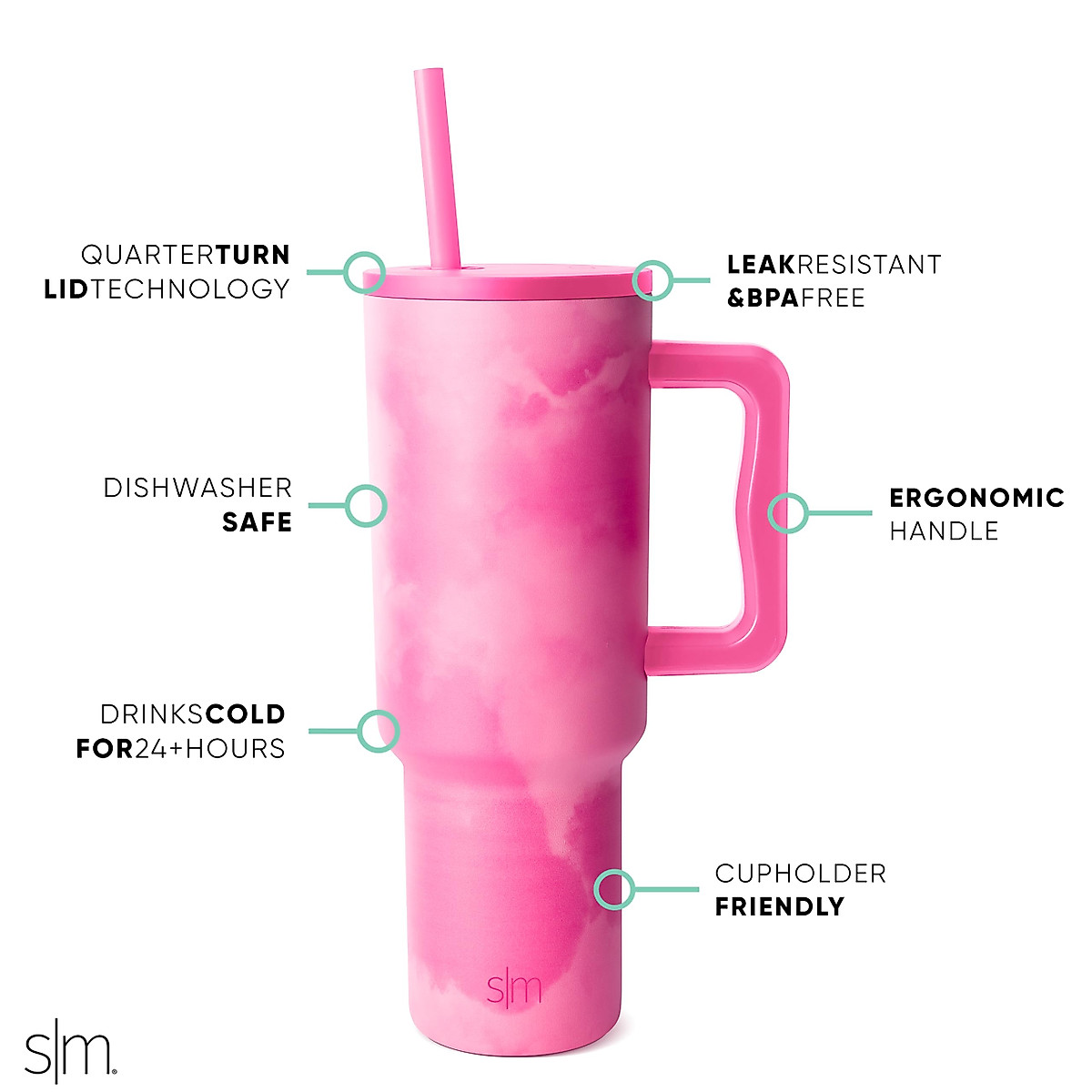 Simple Modern 40 oz Tumbler with Handle and Straw Lid | Insulated Reusable Stainless Steel Water Bottle Travel Mug Cupholder Friendly | Gifts for Women Men | Trek Collection | Pink Whimsical Tie Dye