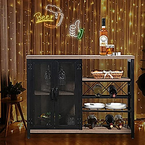 KFO Industrial Bar Cabinet for Liquor and Glasses, Farmhouse Metal Wood Coffee Bar Cabinet, Sideboard Buffet Cabinet, Wine Rack Table with Mesh Door for for Home Kitchen Dining Living Room, 40 Inch…