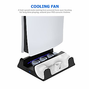 EJGAME Stand with Suction Cooling Fan and Dual Controller Charger Station Compatible with PS5 Console and PS5 Digital Edition, Built-in Headset Holder,Media Remote Stand and14 Game Rack Organizer