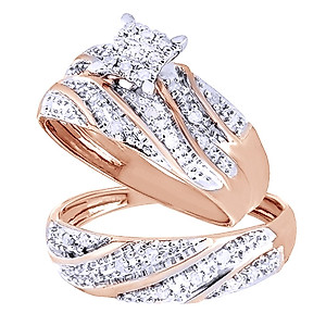 Jewel Zone US White Natural Diamond Engagement & Wedding Trio Band Ring Set in 10k Solid Rose Gold (0.27 Carat)
