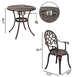 SAWQF European Style Cast Aluminum Outdoor 3 Piece Patio Bistro Set of Table and Chairs with Ice Bucket Bronze Outdoor Furniture Set