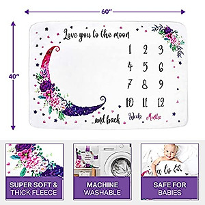 Baby Monthly Milestone Blanket Girl - Extra Soft, Large (60"X40") Thick Fleece - Baby Growth Chart Blanket - Baby Age Blanket for Photos - Baby Month Blanket - Includes Headband, Floral Wreath, Frame